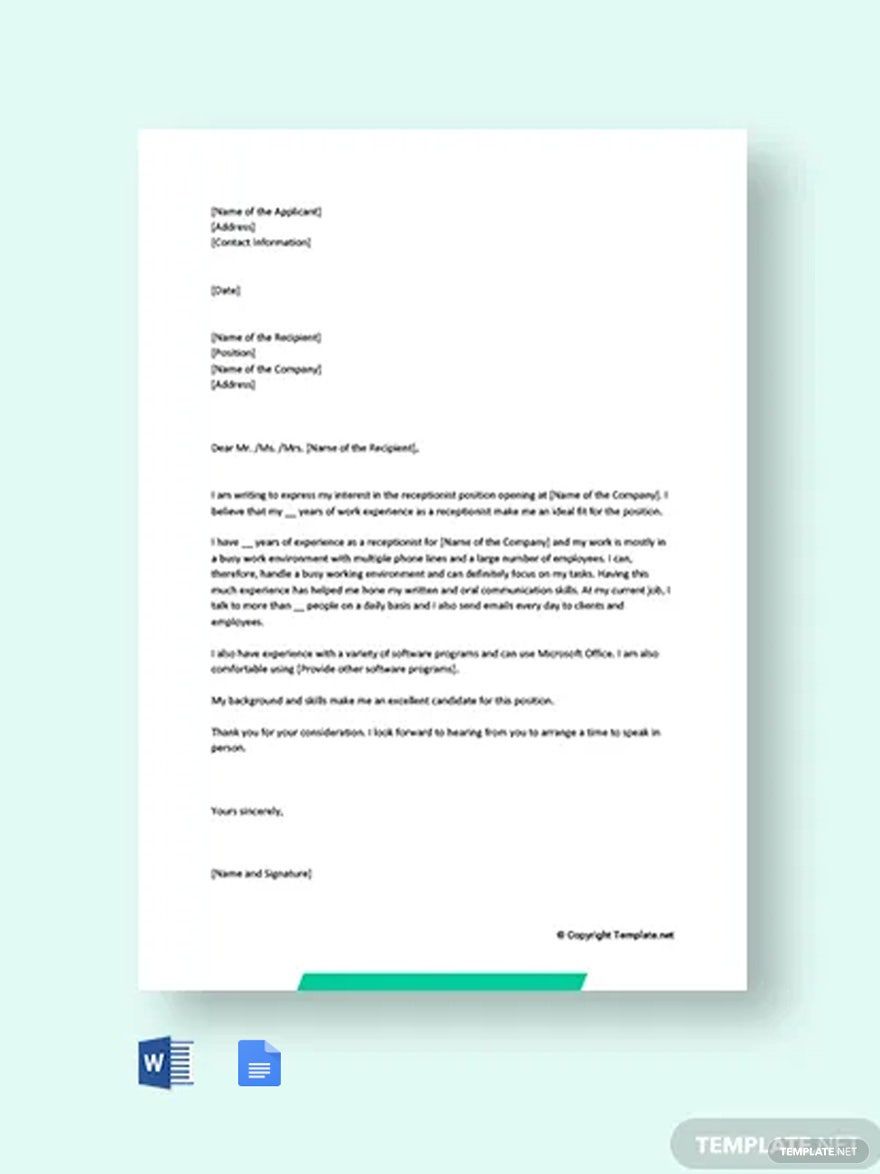 Free Job Application Letter For Receptionist Position Download In Word Google Docs PDF 