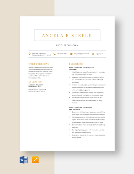 Free Auto Body Technician Resume - Download in Word, Apple Pages ...