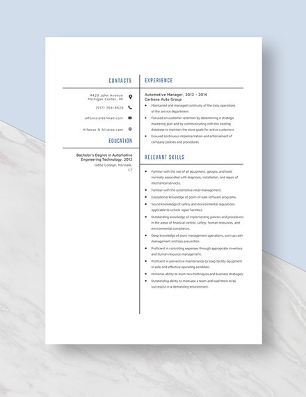 Automotive Service Manager Resume