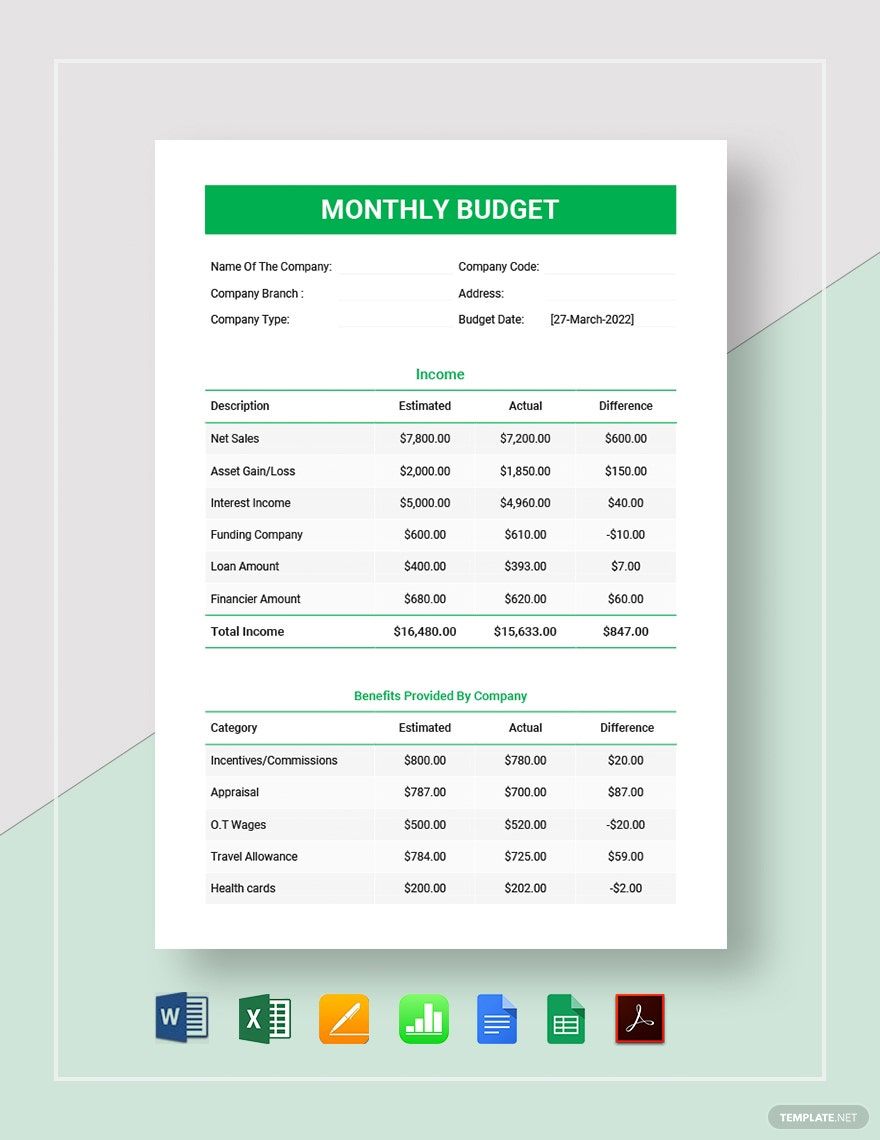 Monthly Budget Template Google Docs Google Sheets Excel Word 
