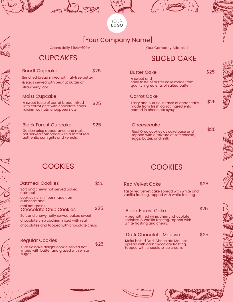 Cupcake Bakery Menu Template - Edit Online & Download Example ...