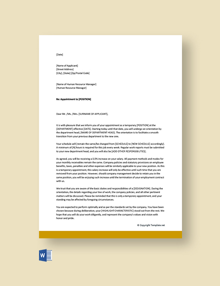 Temporary Work Appointment Letter Template in Word | Template.net