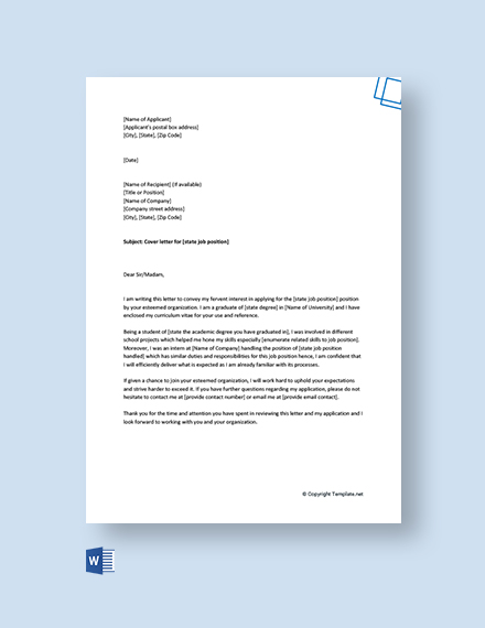 FREE Cover Letter For Job Application For Freshers Template Word 