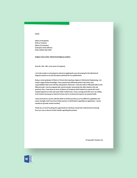 Cover Letter For Mechanical Engineer Fresher Template Word Template