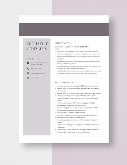 Automated Logistic Specialist Resume Automated Logistic Specialist