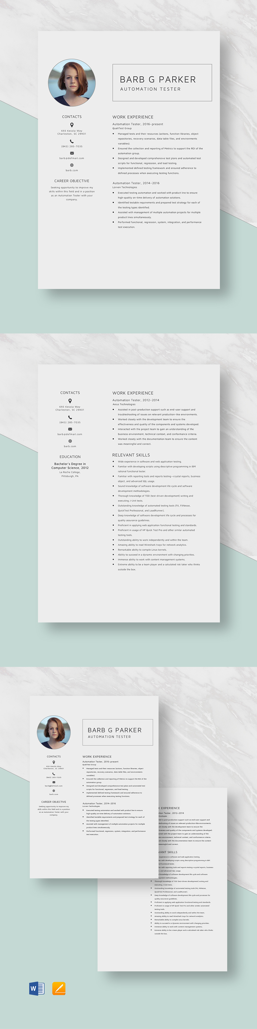 Automation Tester Resume Template - Word, Apple Pages | Template.net