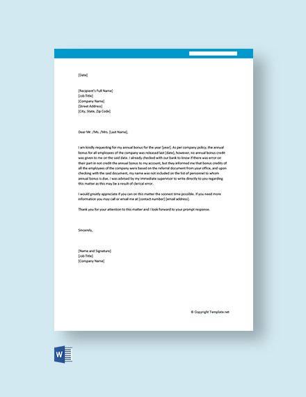 FREE Request Letter to Company for Bonus Template - Word | Template.net