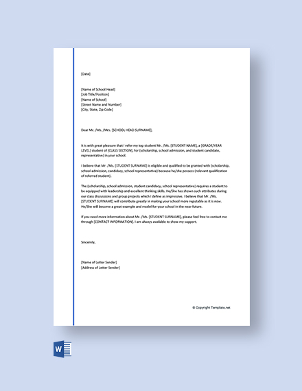 FREE Reference Letter for School Admission Template - Word