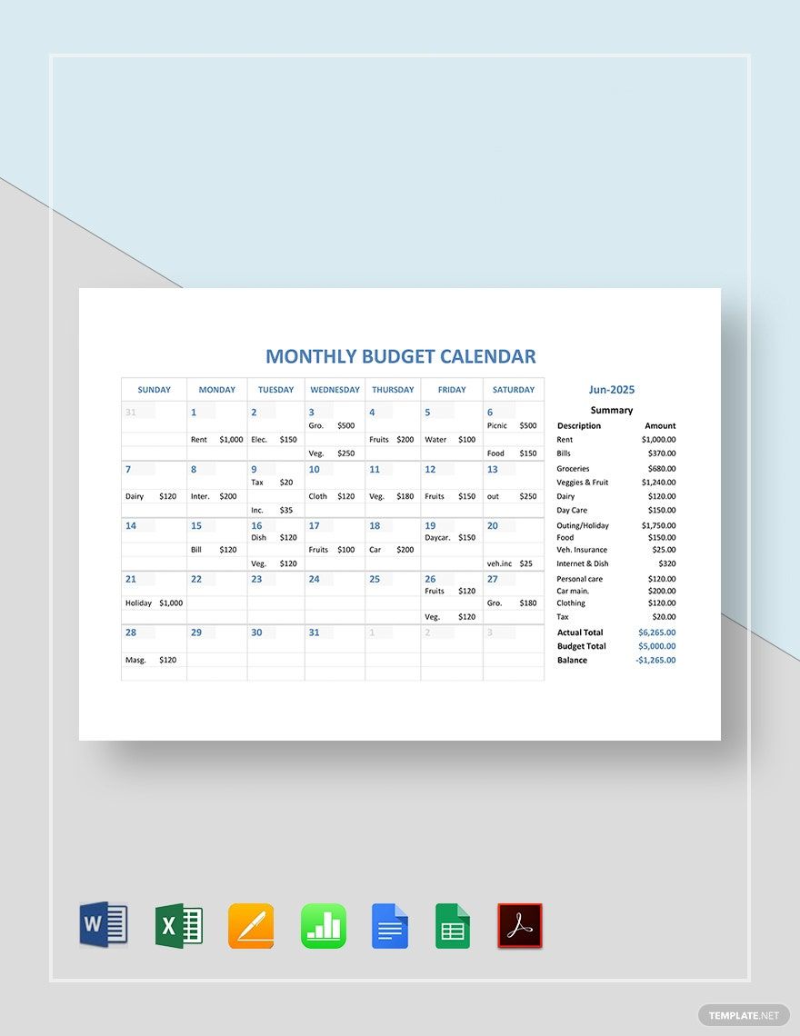 Monthly Budget Calendar Template Google Docs Google Sheets Excel 
