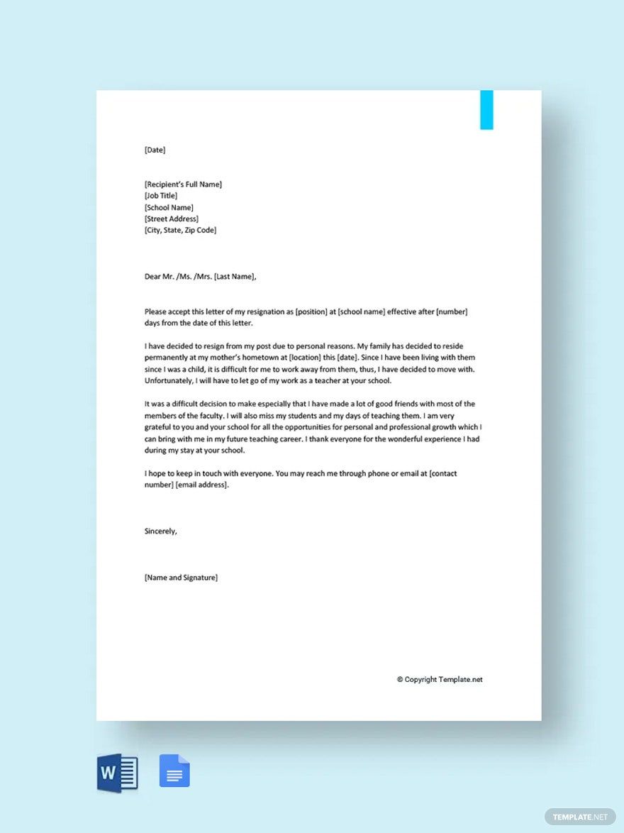 Free Teacher Resignation Letter For Personal Reasons Template Google 