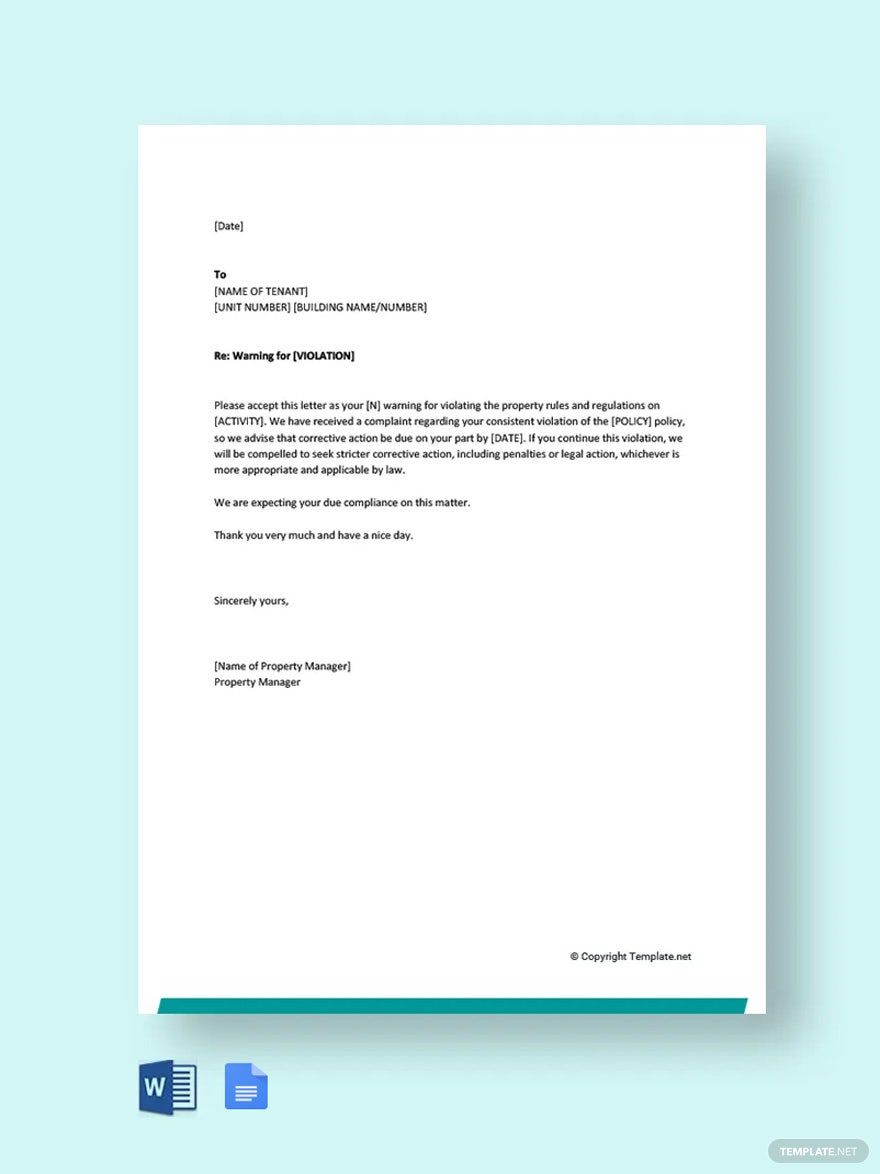 Warning Letter To Tenant For Violations Template Google Docs Word Template