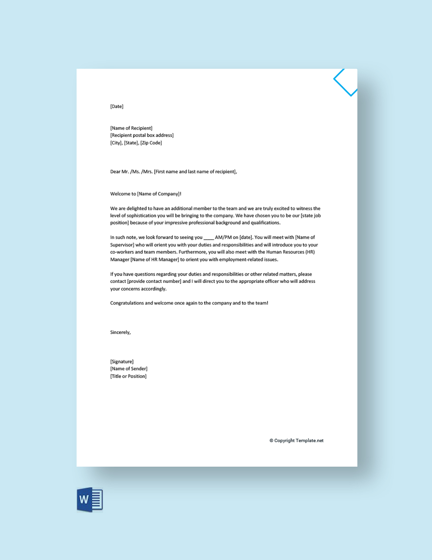 Welcome Letter to New Employee on First Day Template - Word | Template.net