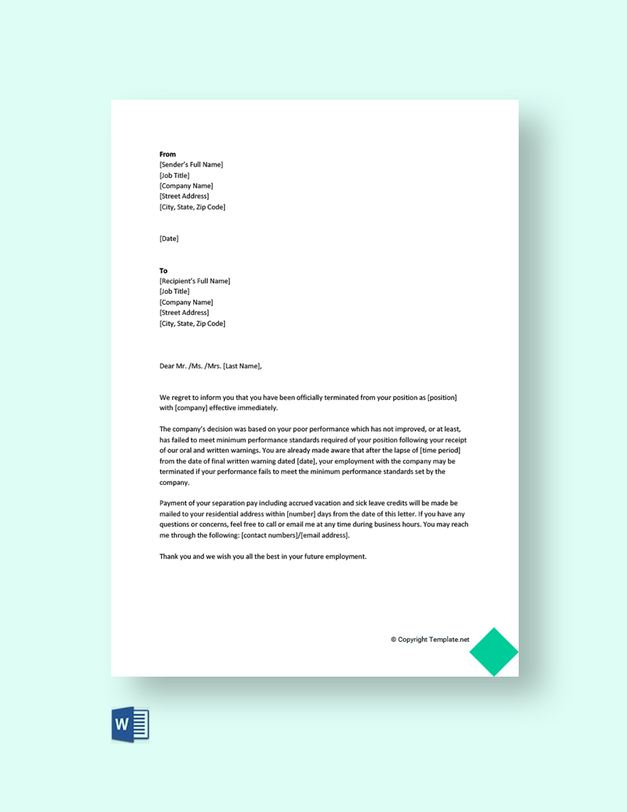 Notice Of Termination Letter Due To Poor Performance Template - Google ...