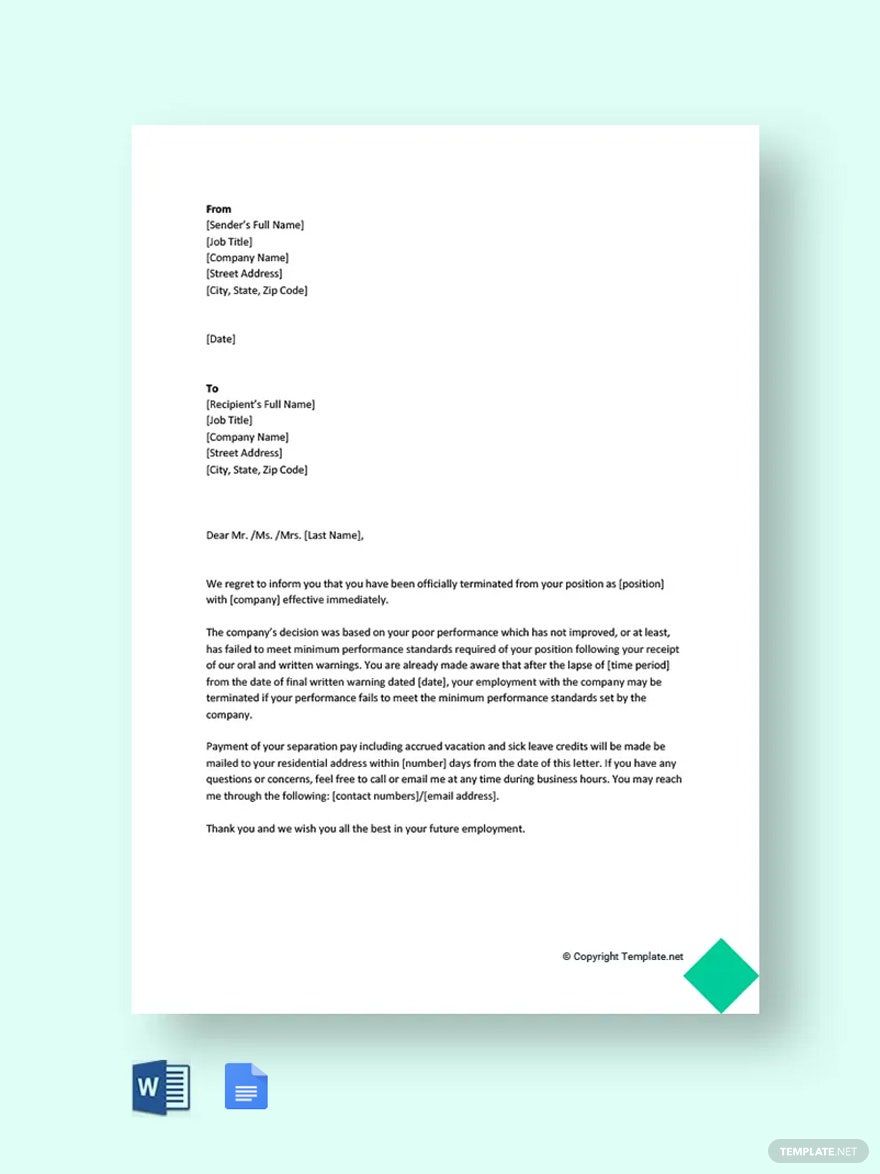 Termination Letter Due To Poor Performance Template Google Docs Word 