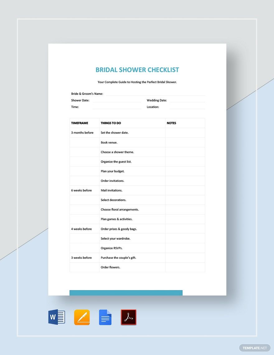 Bridal Shower Checklist Template Google Docs Word Apple Pages PDF 
