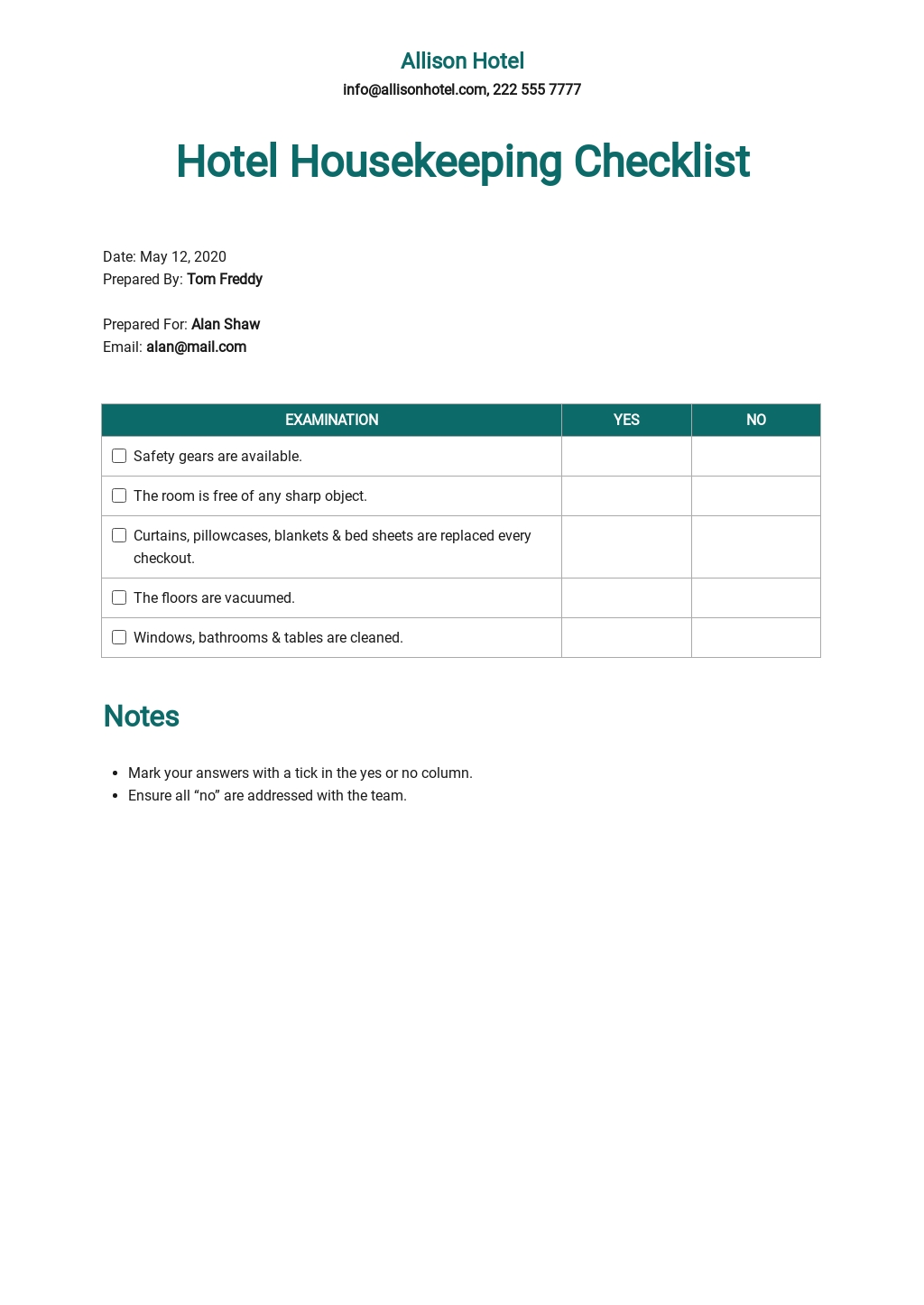 Printable Hotel Maintenance Checklist