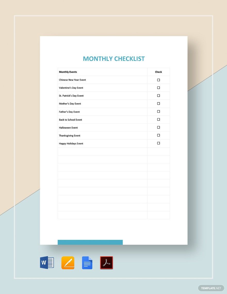 Monthly Checklist Template - Download in Word, Google Docs, PDF, Apple ...