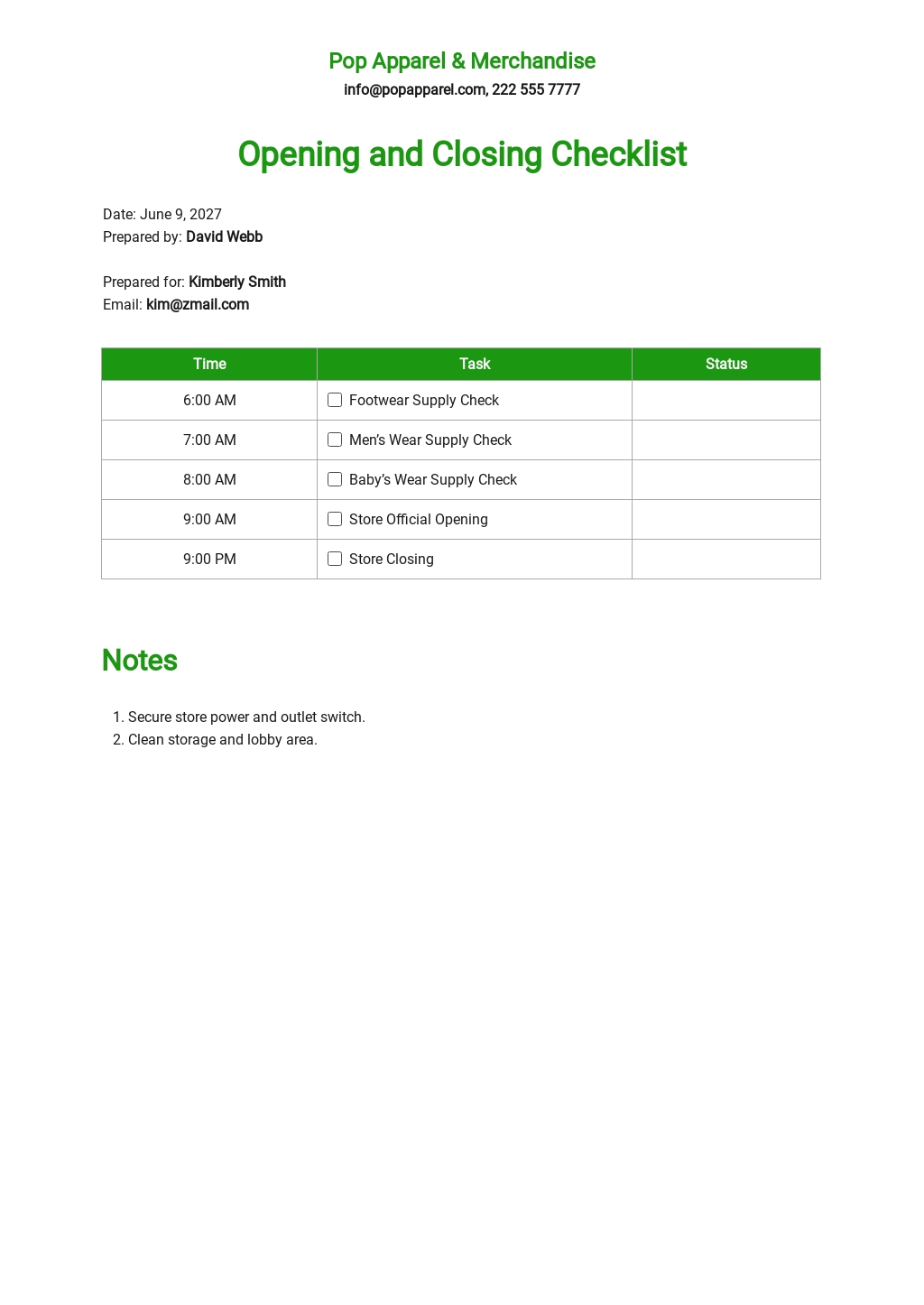 Free Opening Checklist Templates 8 Download In PDF Word Pages Google Docs Template
