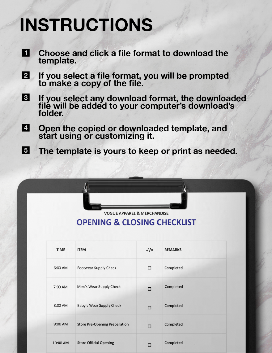 Opening and Closing Checklist Template - Google Docs, Word, Apple Pages ...