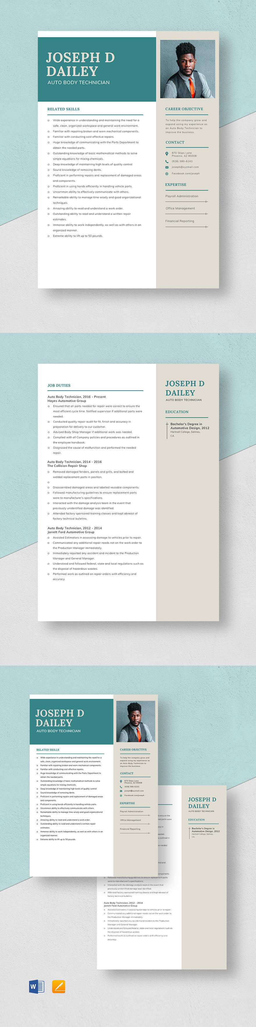 Free Auto Body Technician Resume Template - Word, Apple Pages ...