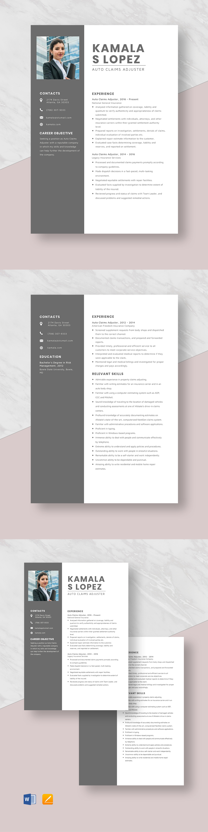 Free Auto Claims Adjuster Resume Template - Word, Apple Pages ...