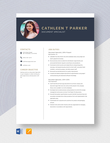 Document Control Clerk Resume Template - Word, Apple Pages | Template.net
