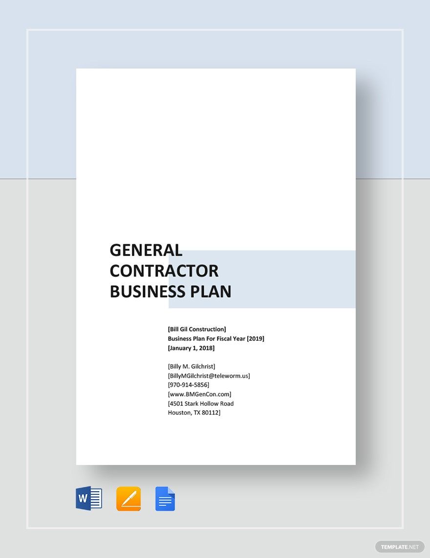 General Contractor Business Plan Template Google Docs Word Apple Pages PDF Template