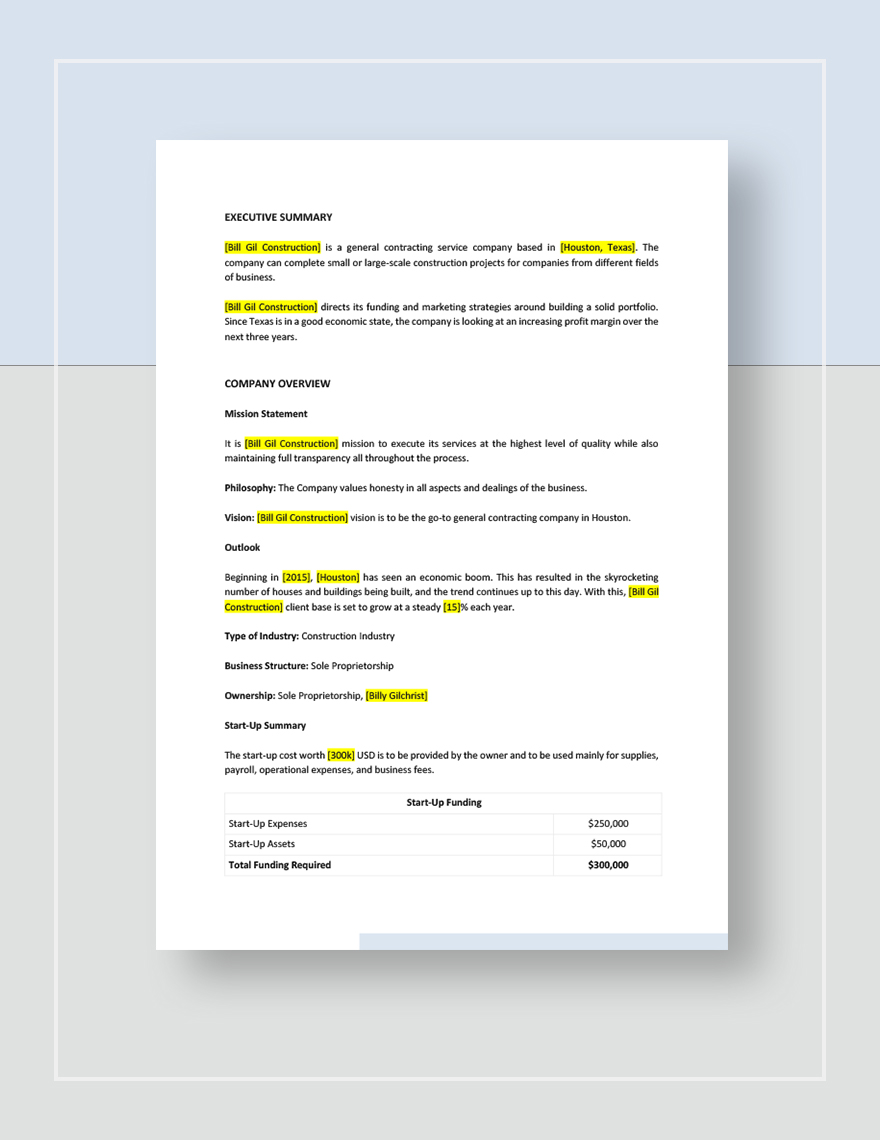 General Contractor Business Plan Template - Google Docs, Word, Apple ...