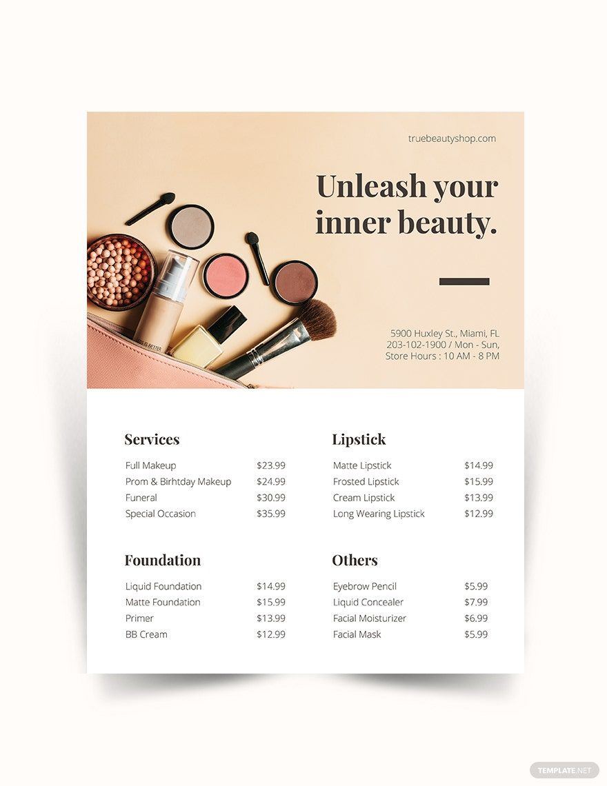 Makeup Price List Template Google Docs Illustrator Word Apple 
