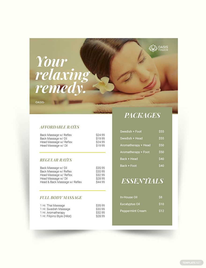 Massage Price List Template Google Docs Illustrator Word Apple 