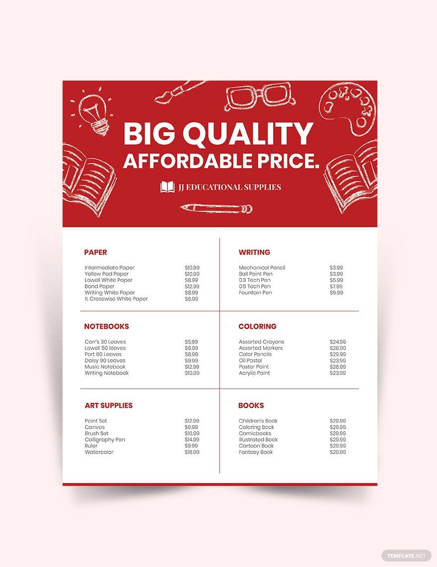 Materials Price List Template Google Docs Illustrator Word Apple 