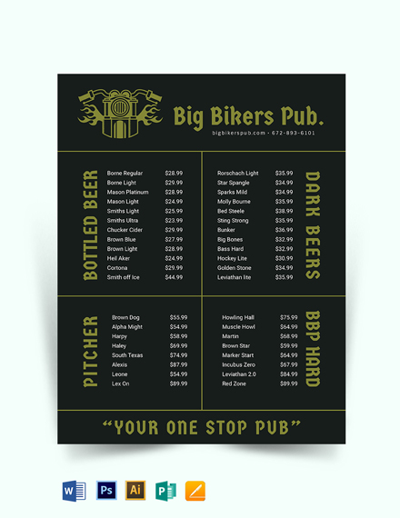 Free Pub Price List Template Google Docs Word Template