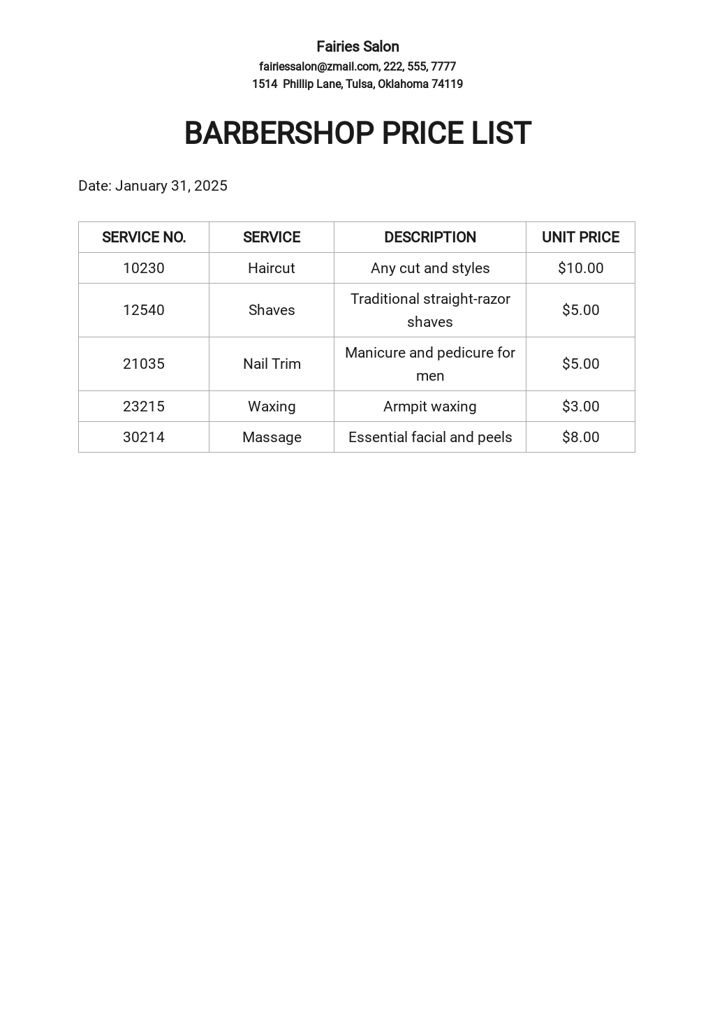 Barbershop Price List Template Free PDF Word PSD Apple Pages 
