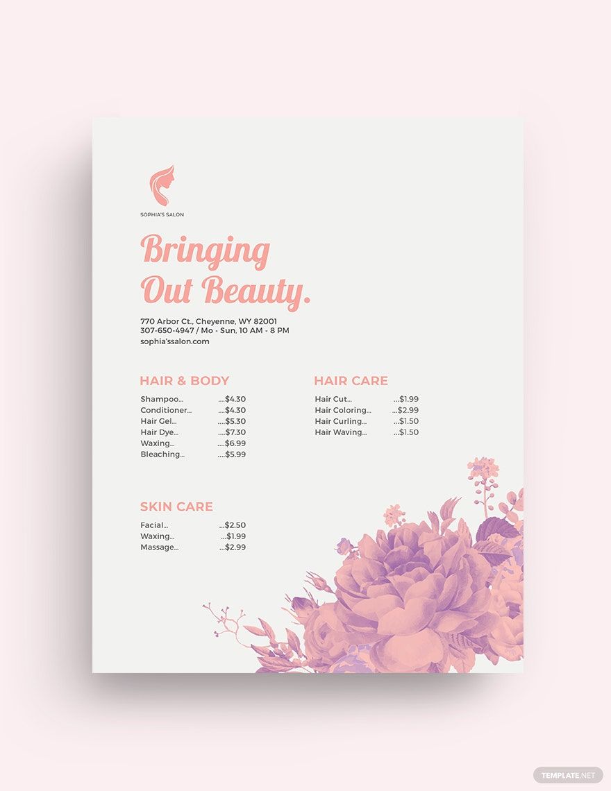Beauty Salon Price List Template Google Docs Illustrator Word
