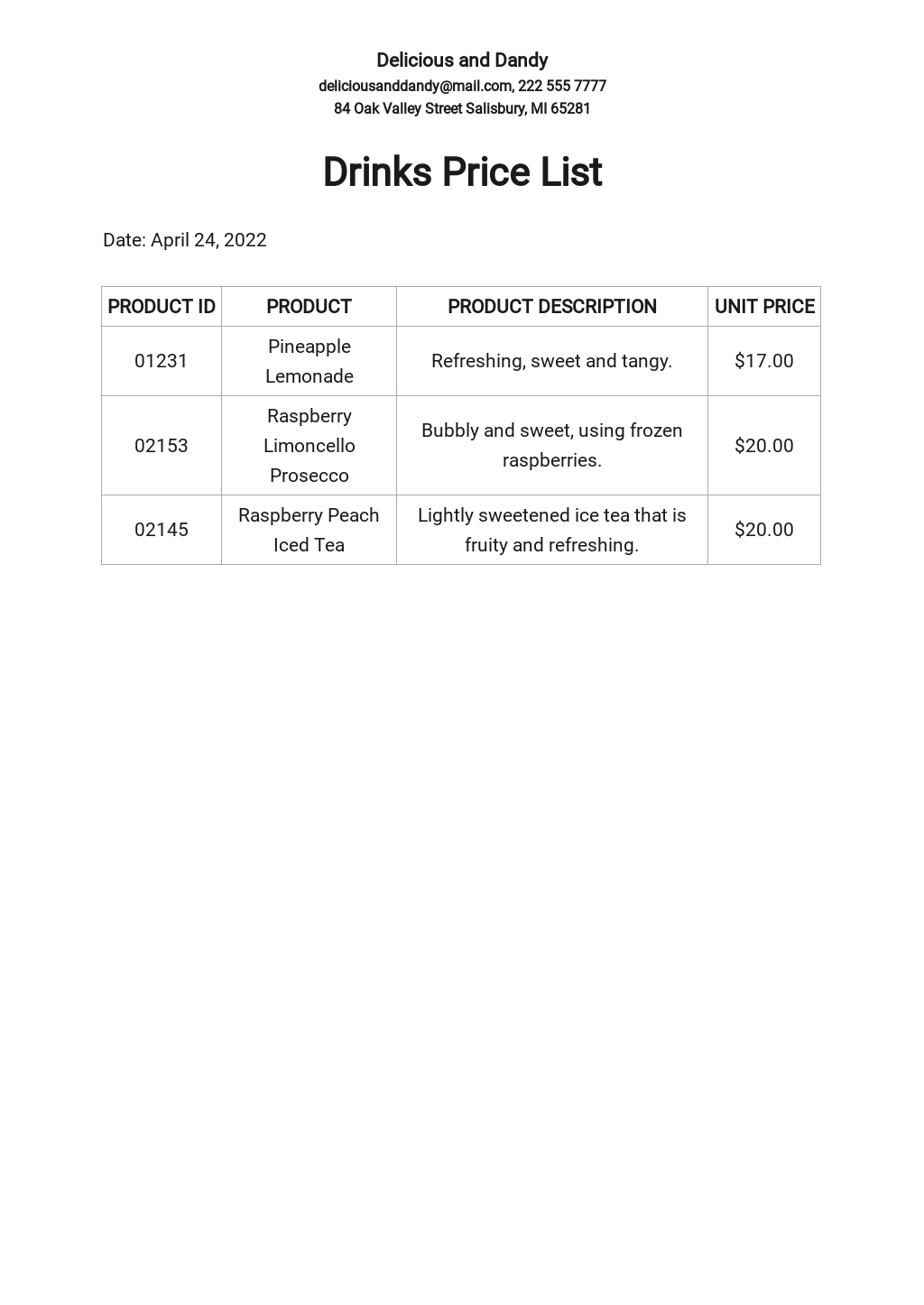 Price List Template Google Docs