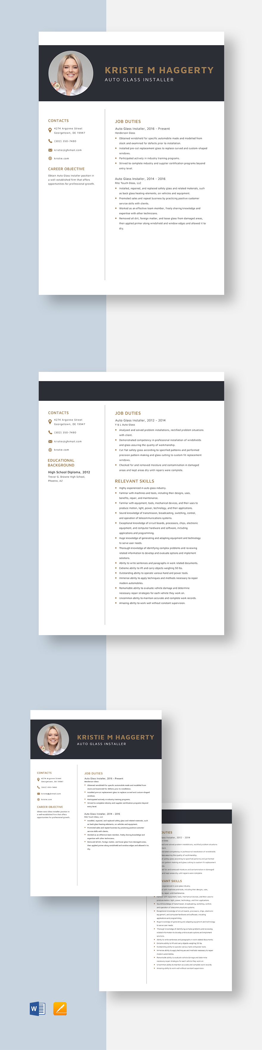 Free Auto Glass Installer Resume Template - Word, Apple Pages ...