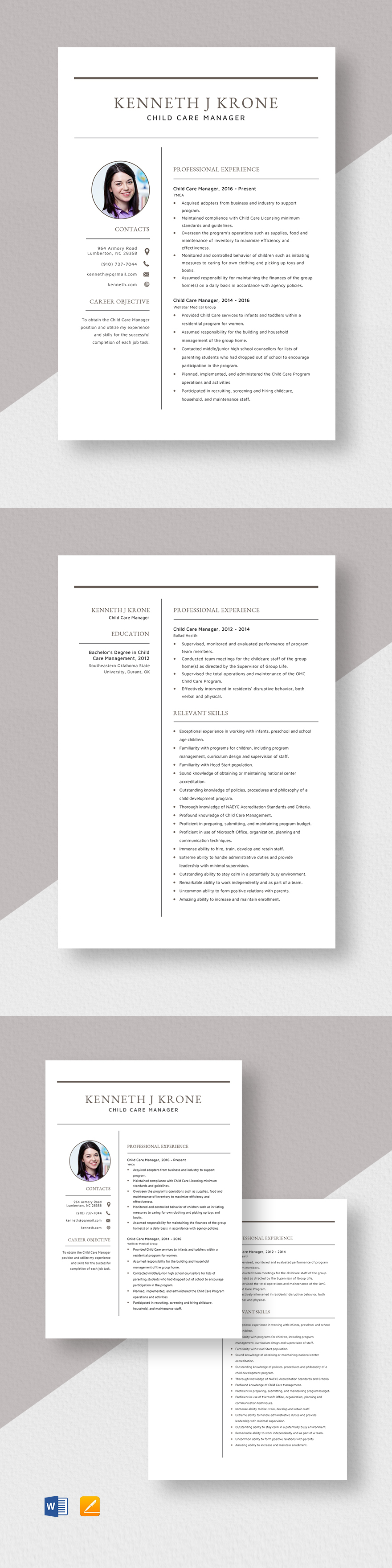 Child Care Assistant Director Resume Template - Word, Apple Pages ...