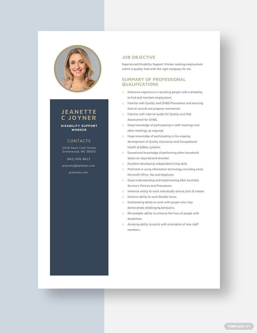 Free Disability Support Worker Resume Word Apple Pages Template