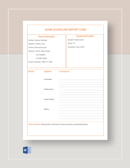Free Home Schooling Report Card Template