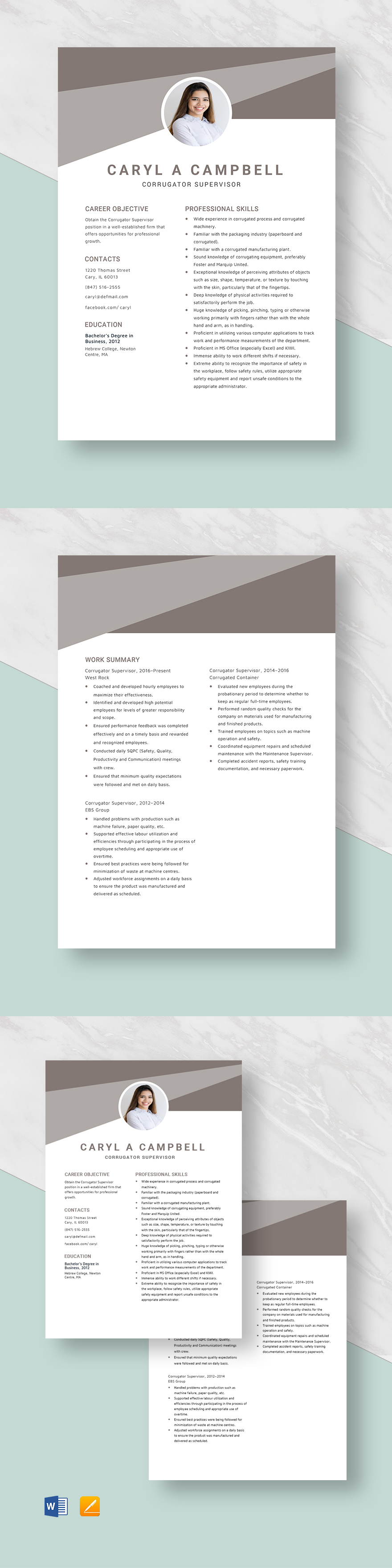 Free Corrugator Supervisor Resume Template Word Apple Pages 