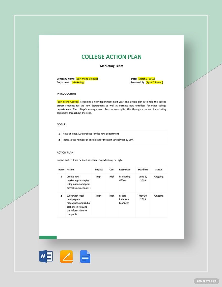 College Action Plan Template Google Docs Word Apple Pages Template