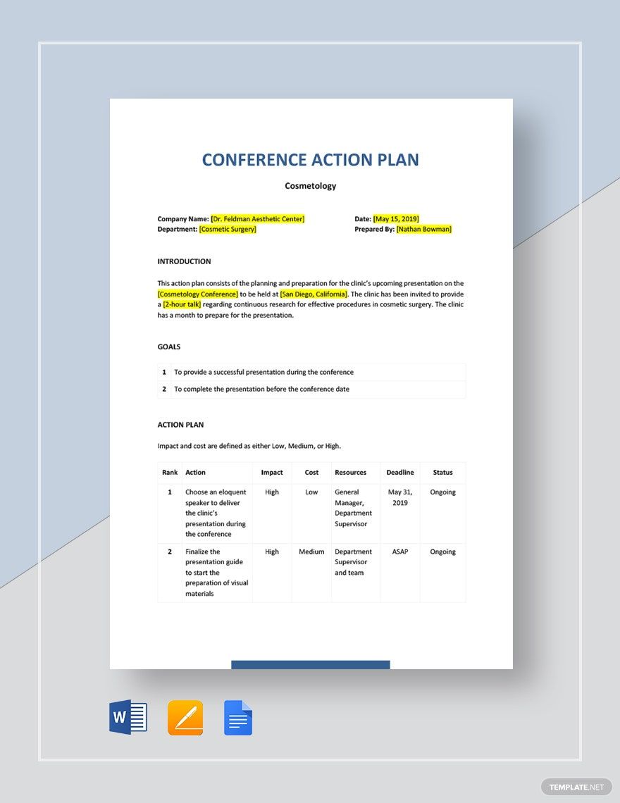 Conference Action Plan Template Google Docs Word Apple Pages 