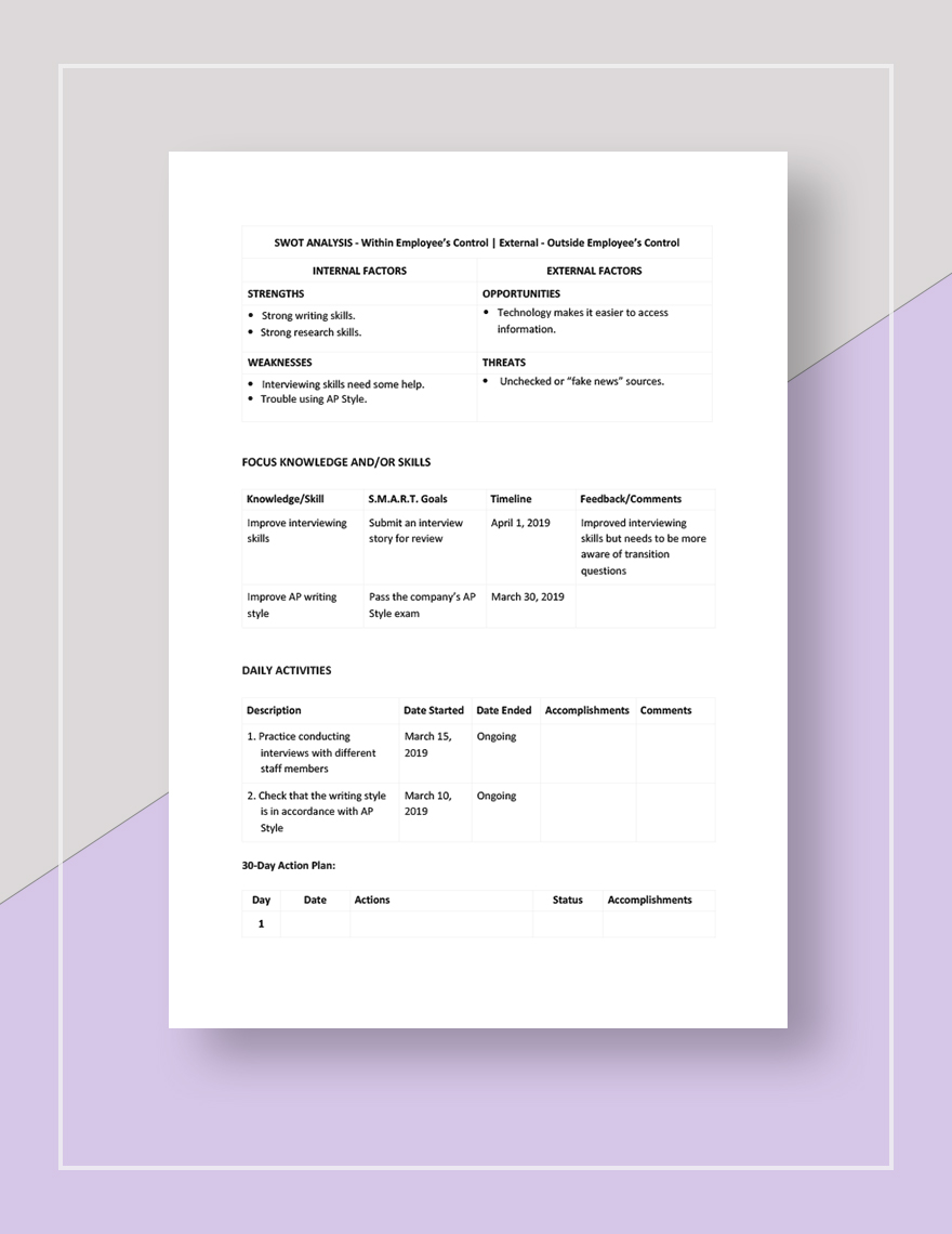 Performance Development Action Plan Template - Google Docs, Word, Apple ...