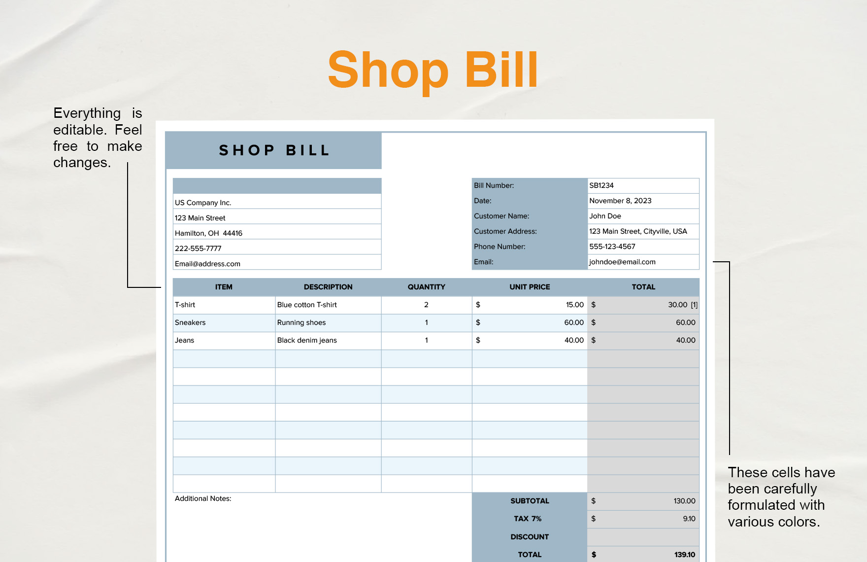 Free Shop Bill Template - Download in Excel, Google Sheets | Template.net