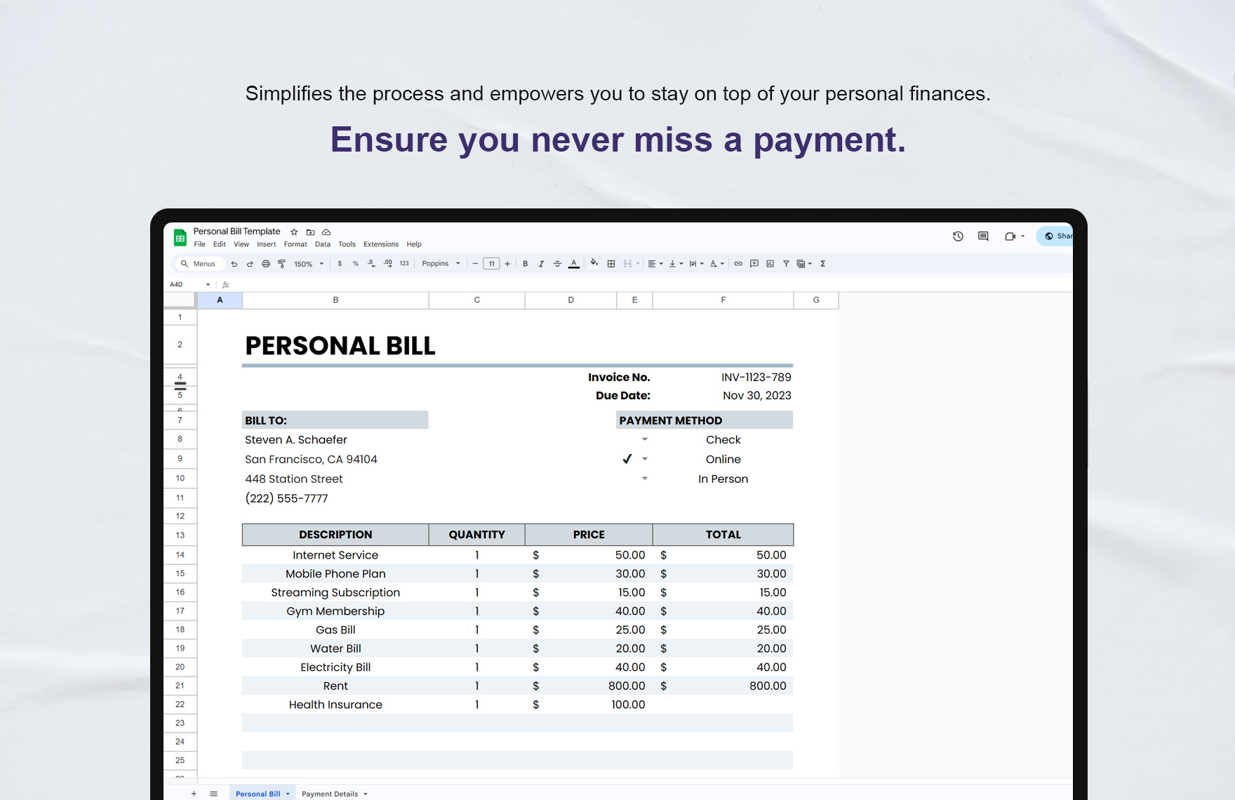 Personal Bill Template in MS Excel, Google Sheets - Download
