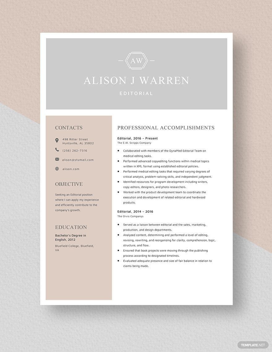 Editorial Resume Template - Word, Apple Pages | Template.net
