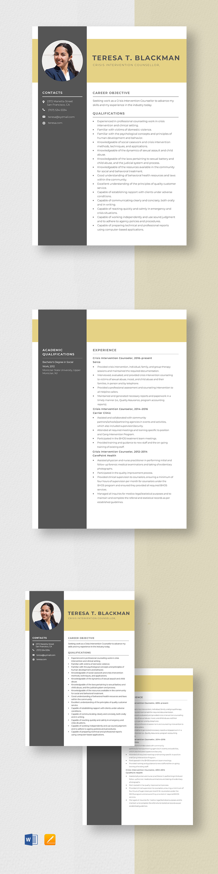 Crisis Intervention Counselor Resume Template - Word, Apple Pages ...
