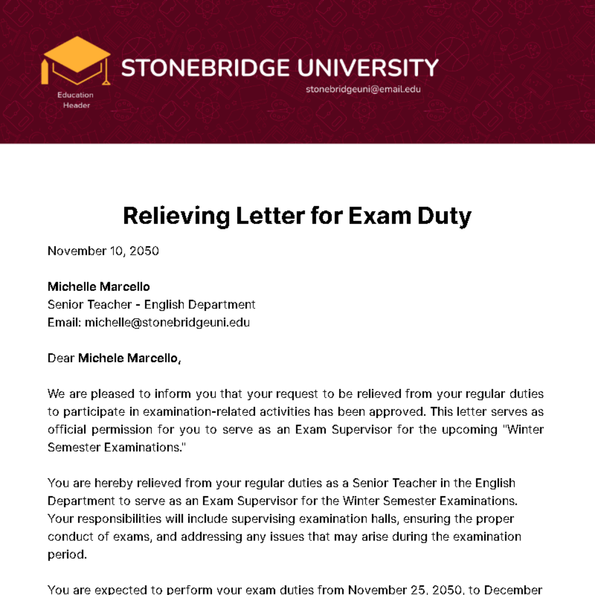 Free Relieving Letter For Exam Duty Template To Edit Online