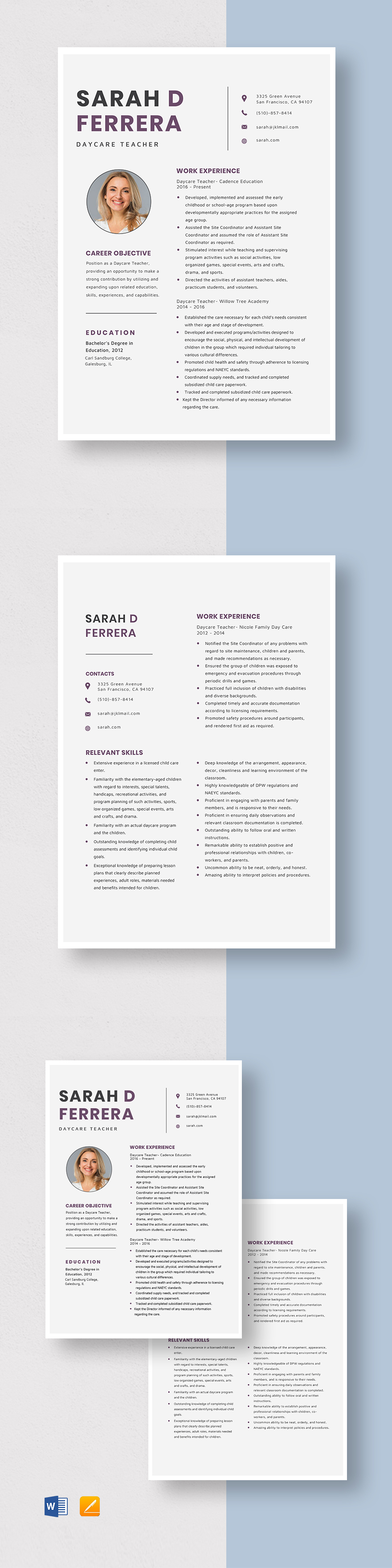Day Care Teacher Resume Template - Word, Apple Pages | Template.net