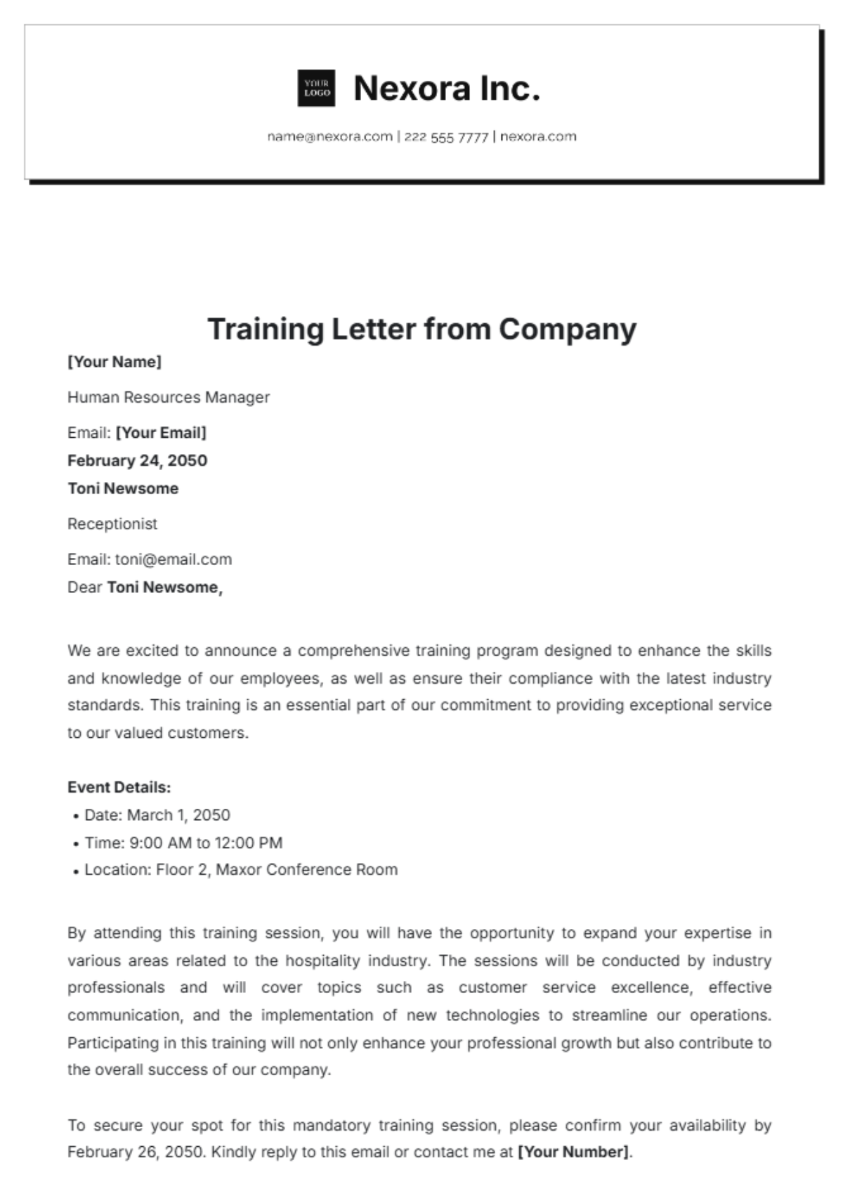 Training Letter from Company Template - Edit Online & Download Example ...